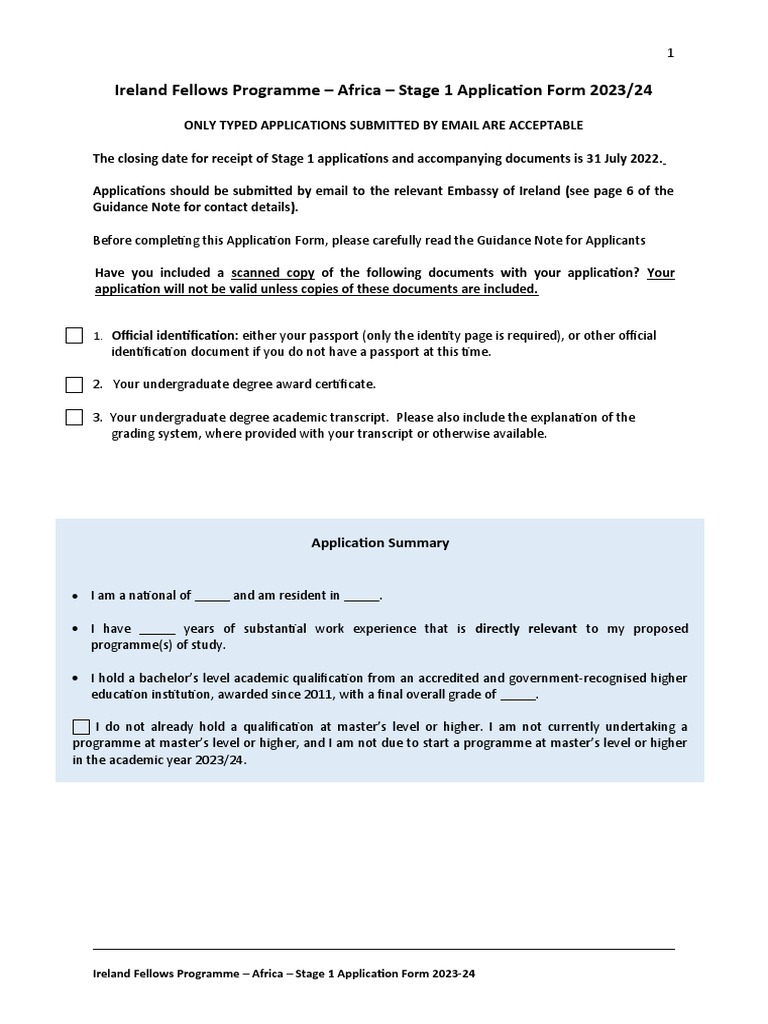 Ireland Fellows Programme Africa 2023-24 Stage 1 Application Form | PDF ...