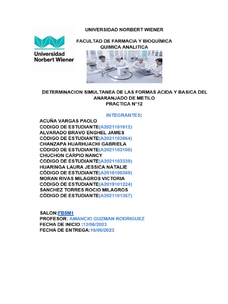 Practica #12 Determinacion Simultanéa de Las Formas Ácida y Básica Del Anaranjado de Metilo ...