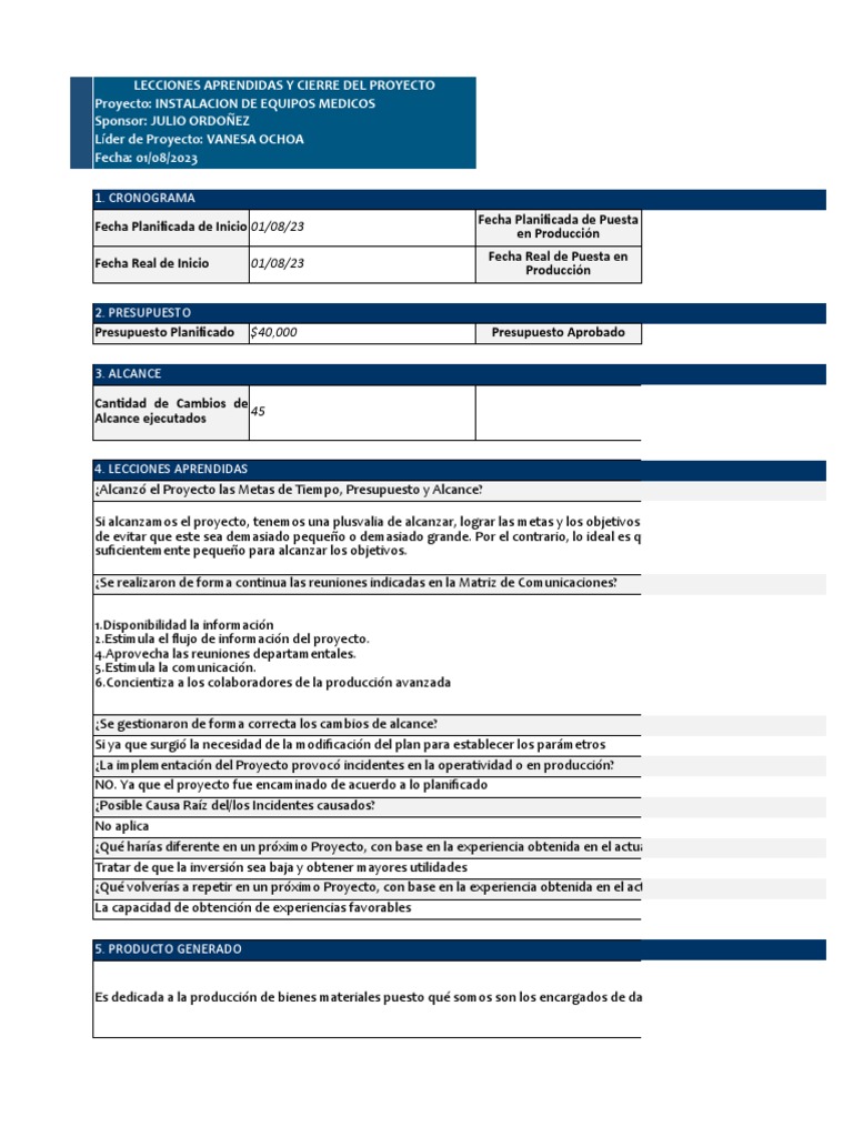 Formato Plantilla Lecciones Aprendidas y Cierre del Proyecto 27-07-2023 | PDF | Presupuesto