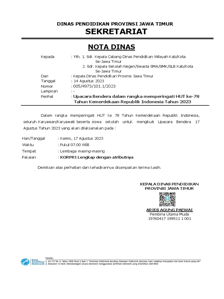 NOTA DINAS UPACARA BENDERA HUT RI KE-78 2023 - Cabdin - TTE - Docx Rev ...