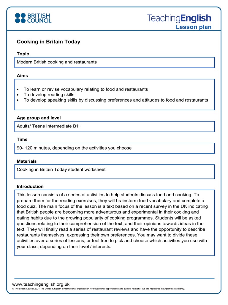 British Cooking Lesson Plan | PDF | British Cuisine | Lesson Plan