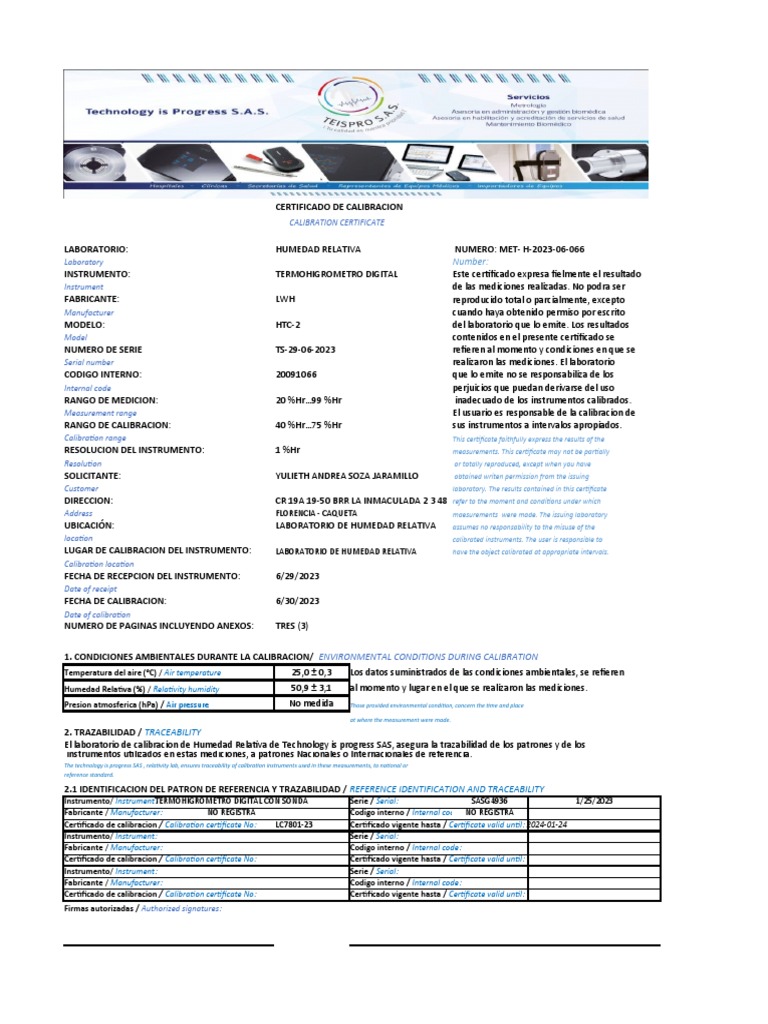 Certificados Calibraciones Termohigrometros 2023 | PDF | Calibración | Metrología