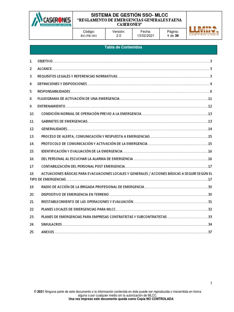 Reglamento Emergencias Generales RG-PR-001-vs0.2 | PDF