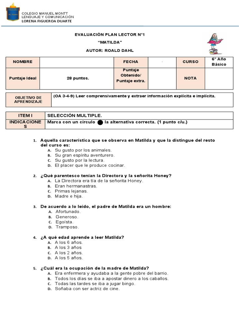 Prueba Plan Lector N°1, 6° Básico, Matilda | PDF