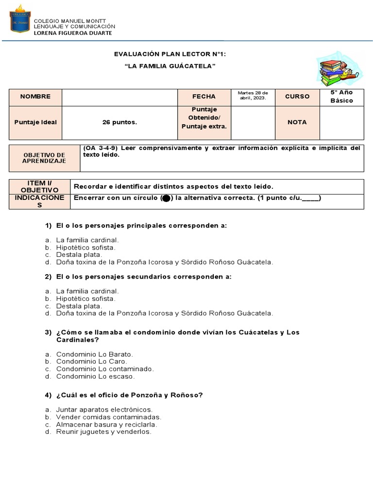 PRUEBA PLAN LECTOR N°1, 5° BÁSICO, LA FAMILIA GUACATELA | PDF