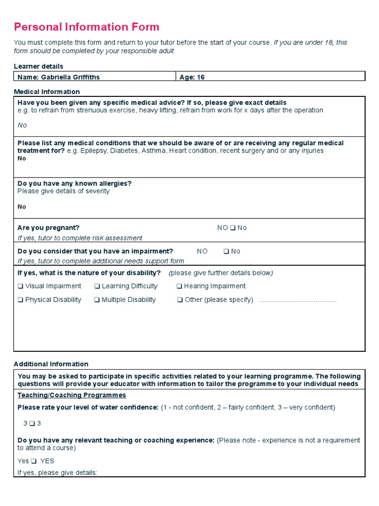 Personal Information Form | PDF
