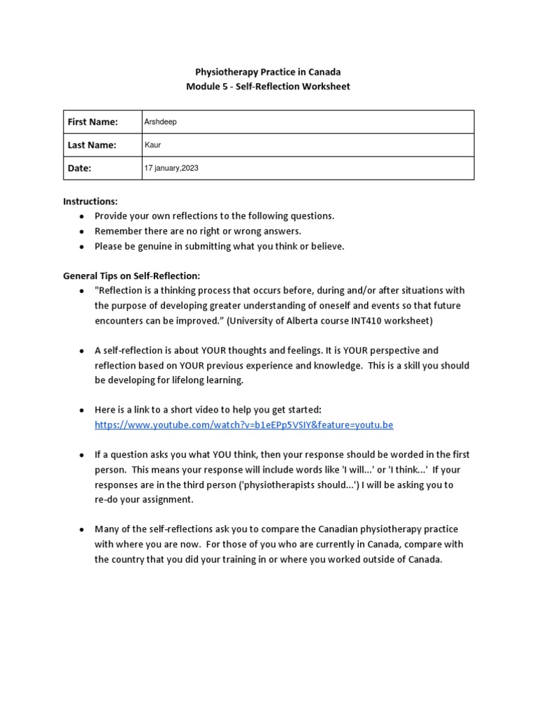 Module - 5 - Self-Reflection - Worksheet Arsh7 | PDF | Physical Therapy ...