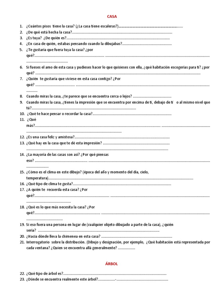 Cuestionario de Casa, Árbol y Persona | PDF | Juegos y actividades ...