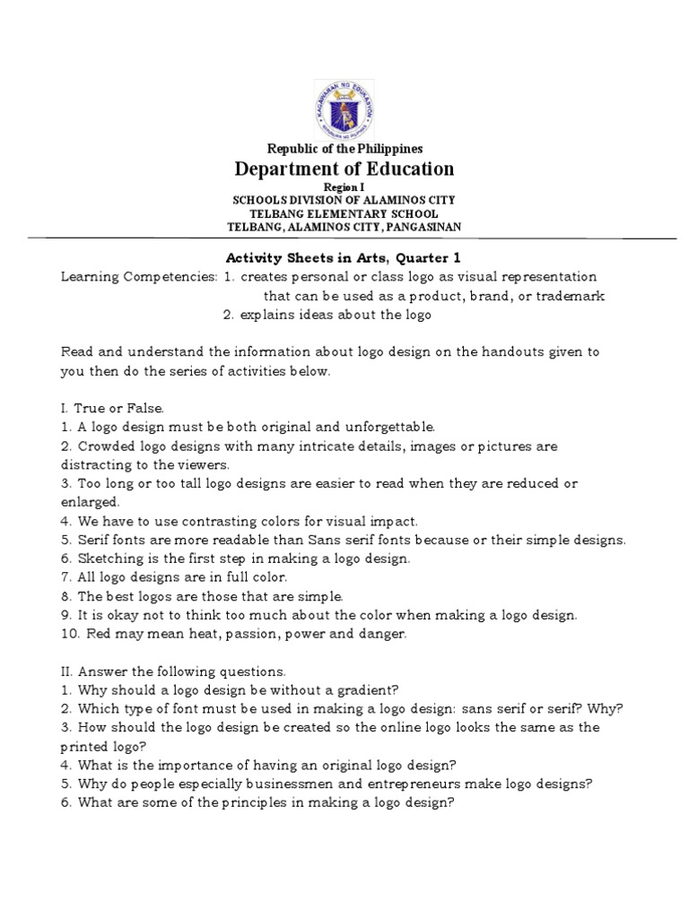 Activity Sheets in ARTS q1 Logo Design | PDF | Logos | Typefaces