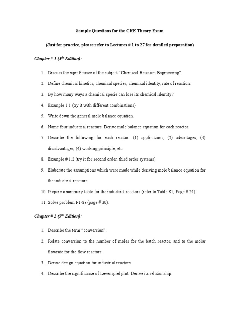 Sample Questions For The CRE Theory Exam | PDF | Reaction Rate ...