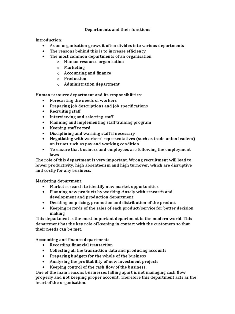 Departments and Their Functions | PDF | Business | Human Resource ...