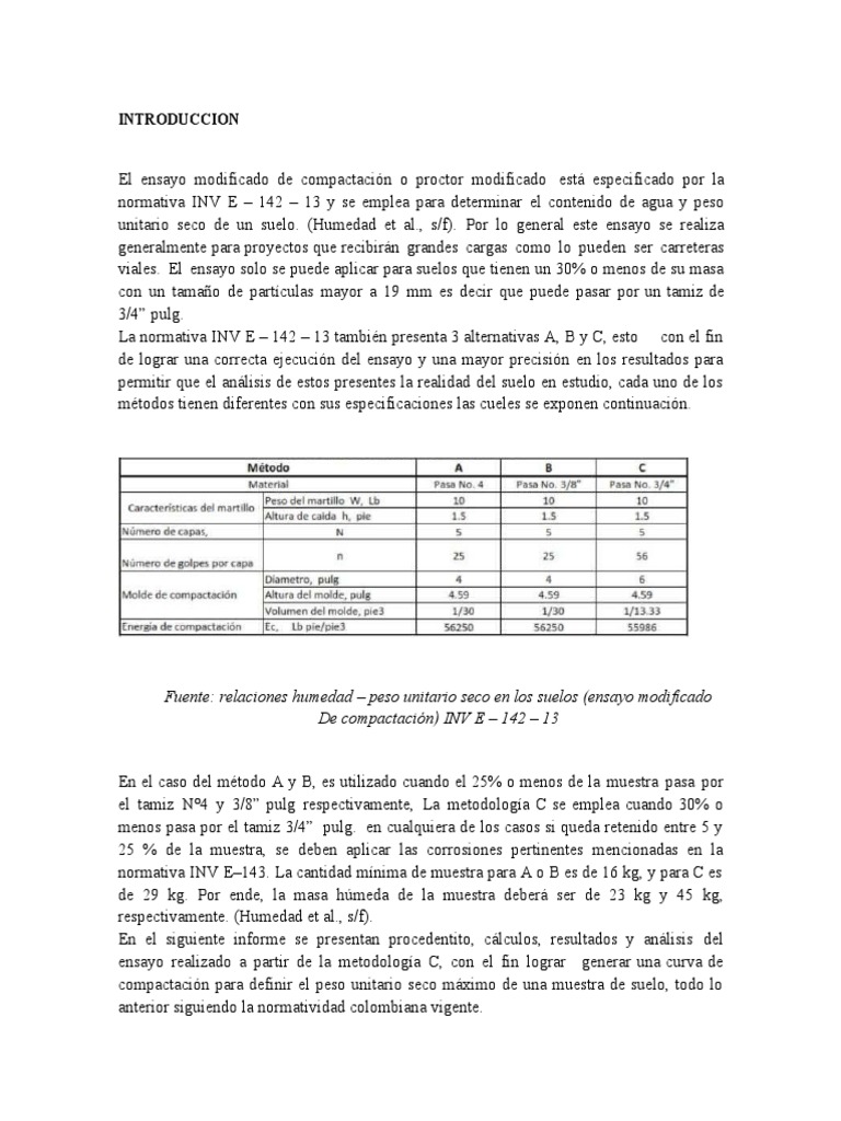 Informe de Laboratorio, Proctor Modificado | PDF | Densidad | Cantidades fisicas