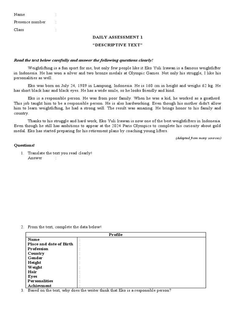 Daily Assessment - X - Descriptive Text | PDF