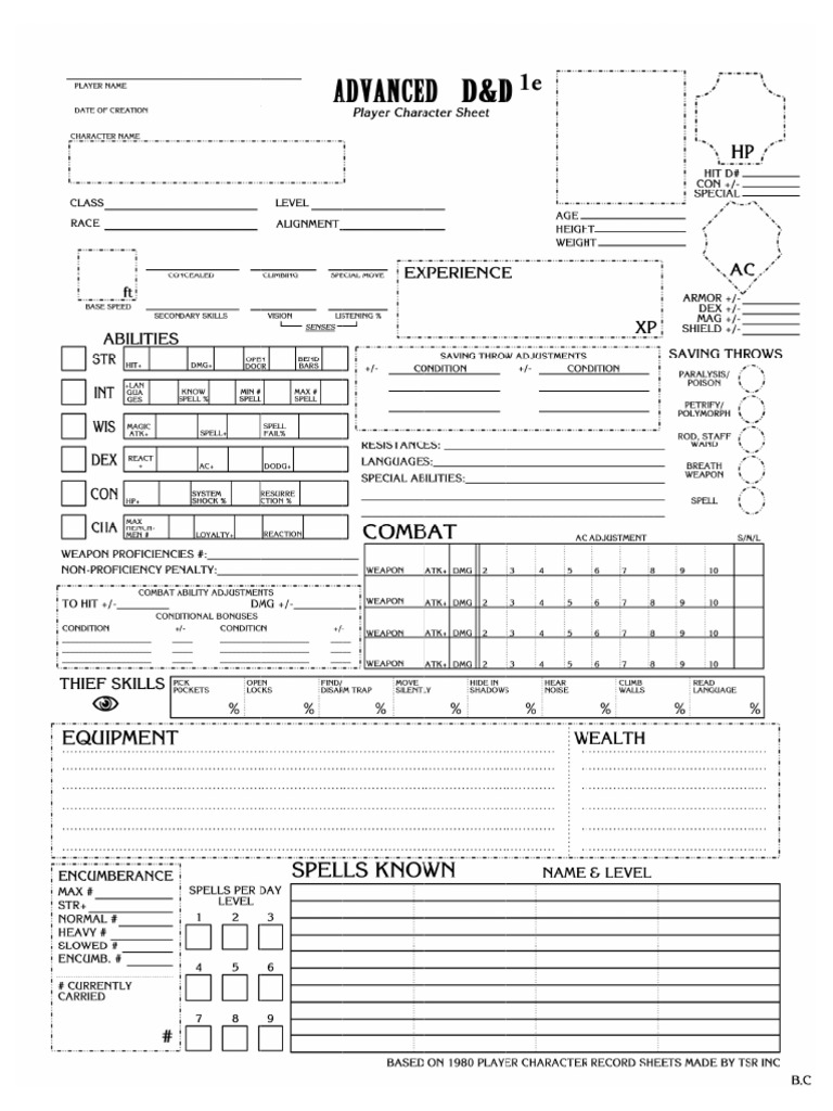 1E AD&D Character Sheet | PDF