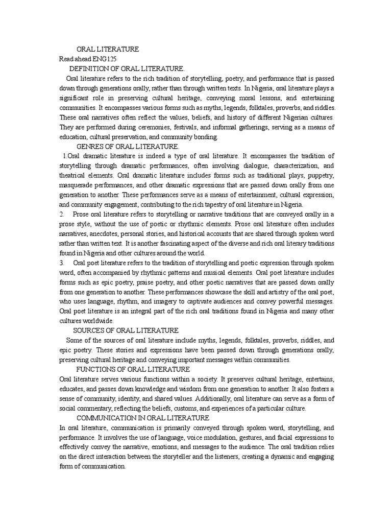 Oral Literature 1 | PDF | Storytelling | Oral Tradition