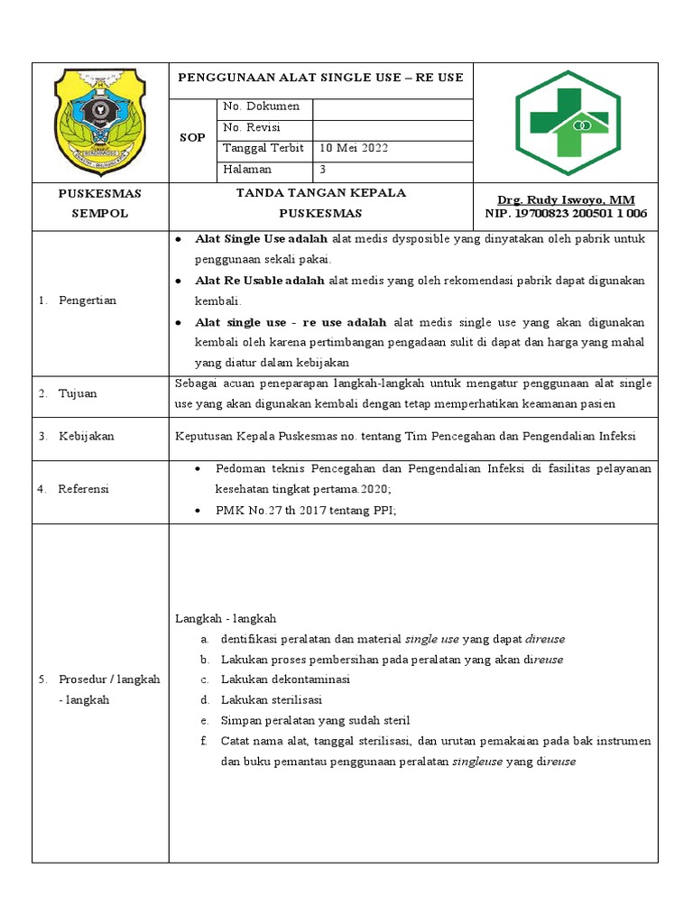 SOP Penggunaan Alat Single Use Re-Use | PDF
