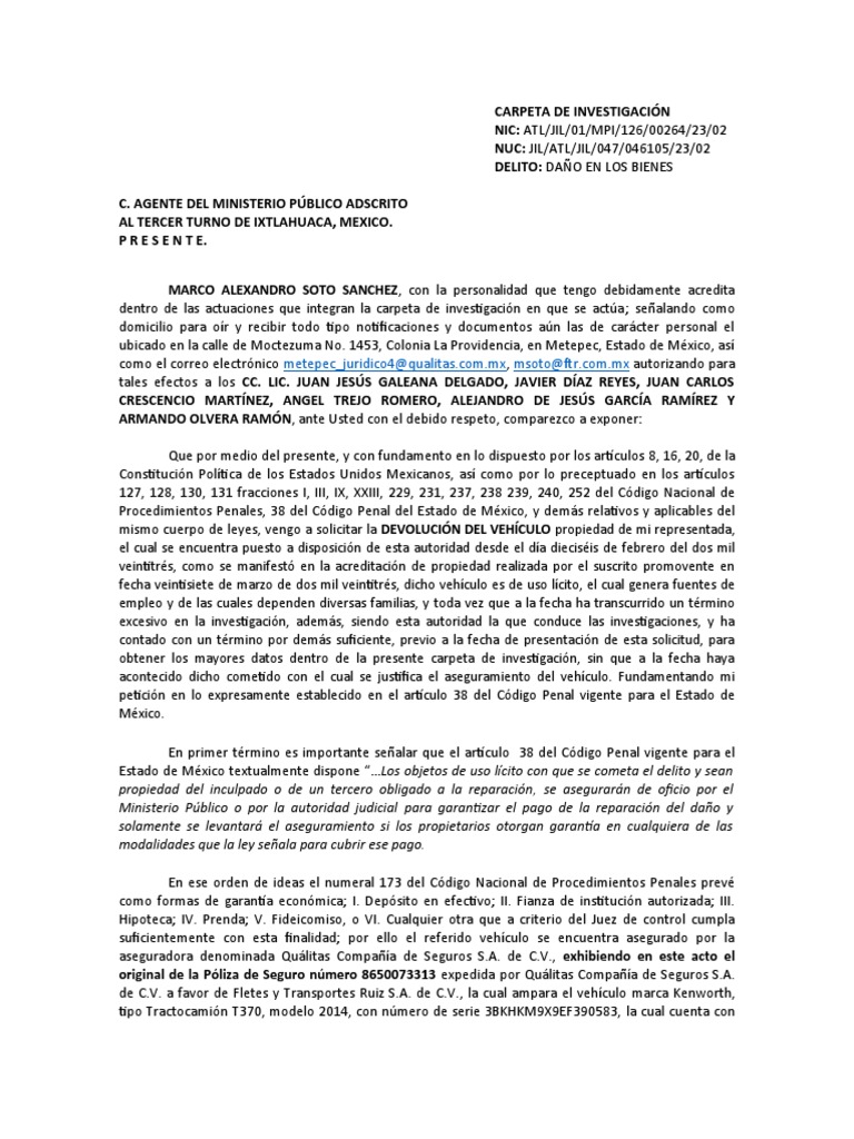 Escrito Devolucion de Vehiculo en El MP | PDF | Seguro | Póliza de seguros
