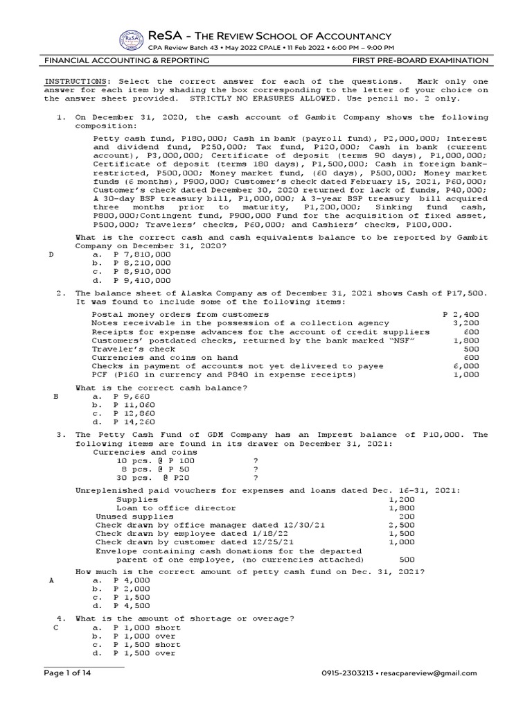 ReSA B43 FAR First PB Exam Questions Answers Solutions | PDF