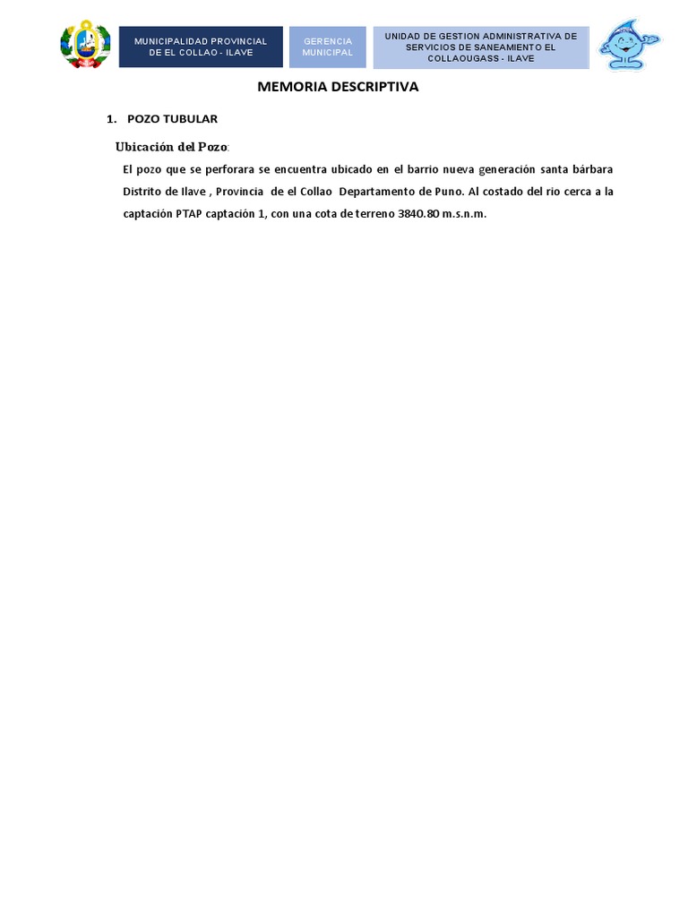 Memoria Descriptiva ..Ugass 2023..pozo Tubular Ok | PDF | Perforación ...