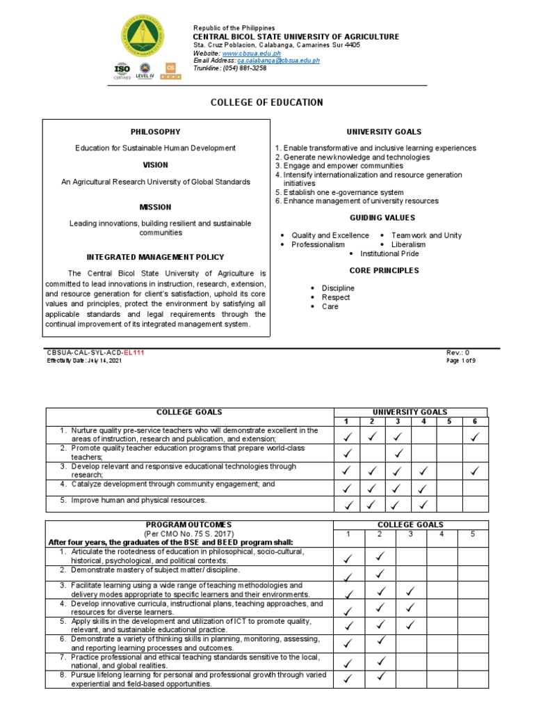 Syllabus - EL 111 - Breva - Edited | PDF | Curriculum | Learning