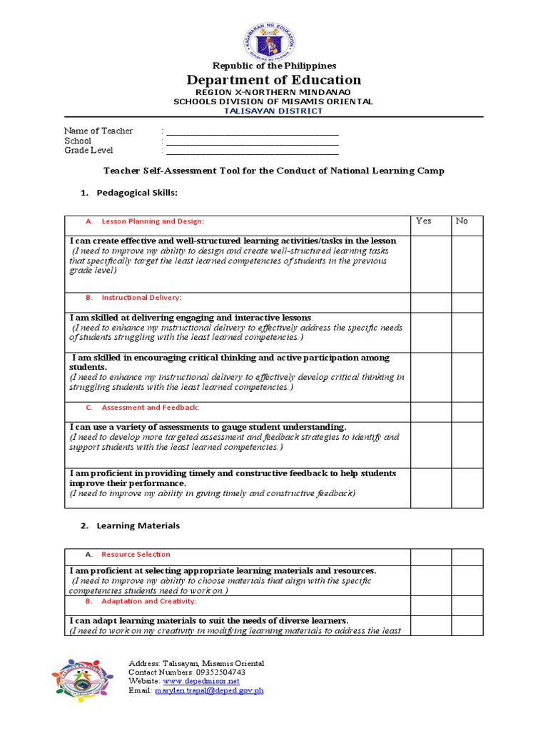 NLC Assessment Tool | PDF | Learning | Teachers