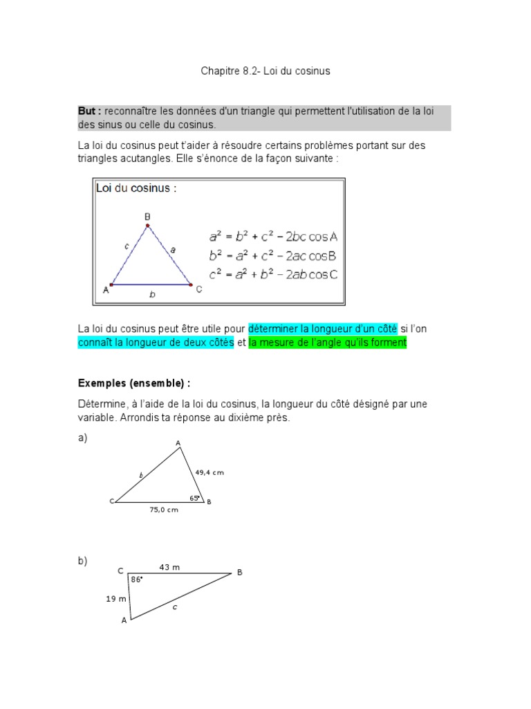 Loi du cosinus : Résolution de triangles | PDF | Fonction ...