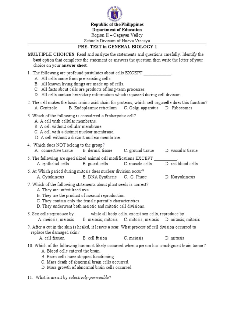 Gen Bio 1 - Pretest | PDF | Cell (Biology) | Mitosis