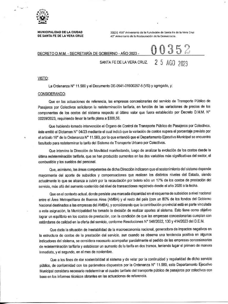 Decreto #00352-23 - Aumento Colectivos | PDF