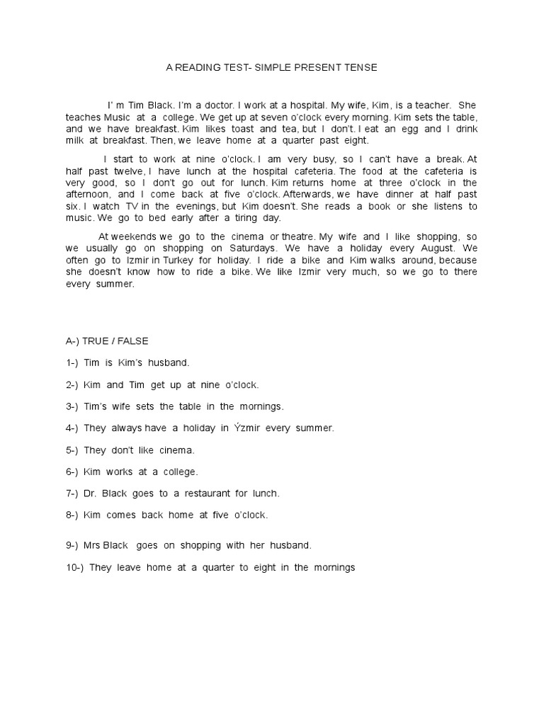 Simple Present Tense Reading Test | PDF | Art