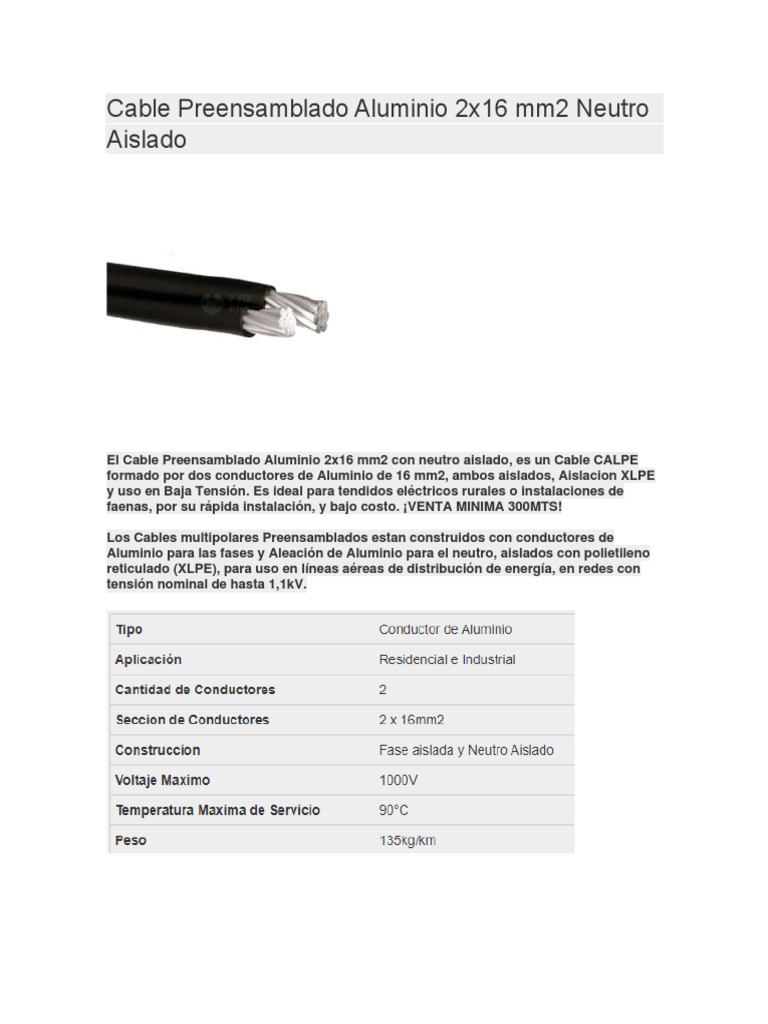 Cable Preensamblado Aluminio 2x16 mm2 Neutro Aislado | PDF