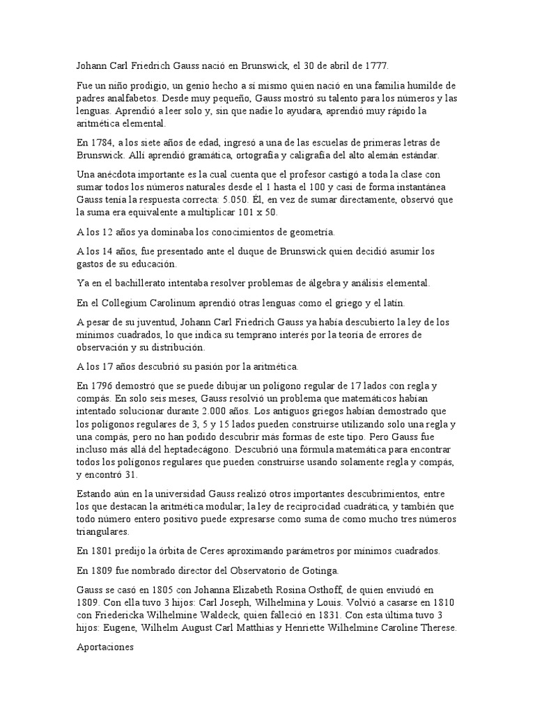 Johann Carl Friedrich Gauss Nació en Brunswick | PDF | Matemáticas