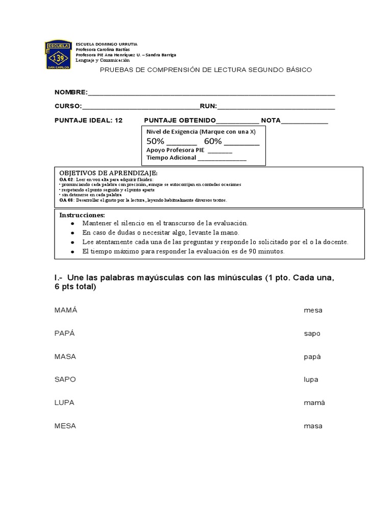 Pruebas de Comprensión de Lectura Segundo Básico | PDF