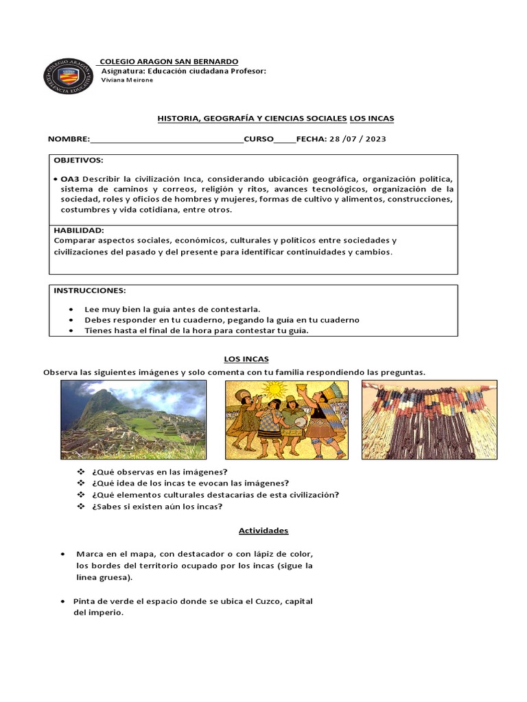 Los Incas Guia 4 Basico | PDF | Imperio Inca