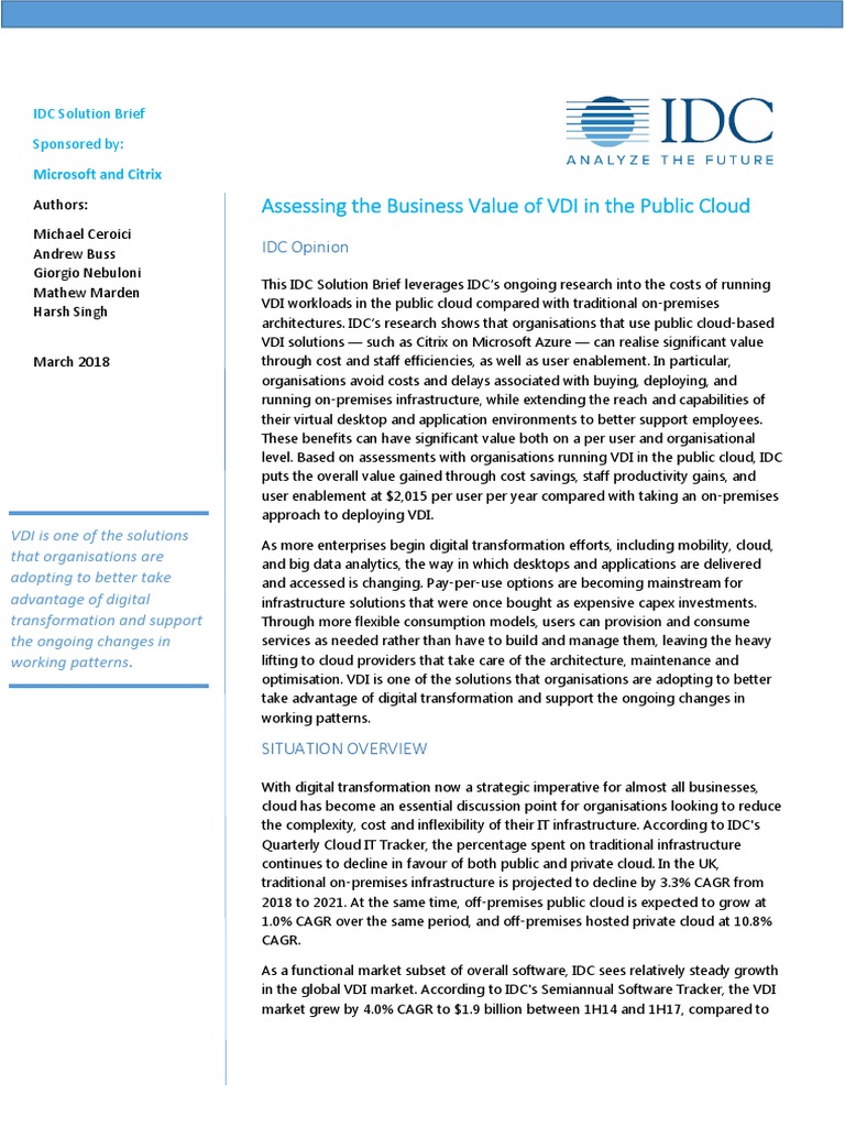 Citrix Workspace - Assessing The Business Value of VDI in The Public Cloud - IDC Solution Brief ...
