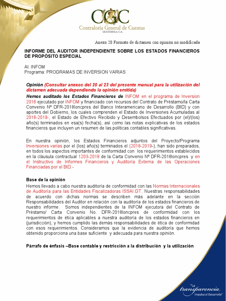 Anexo 20. Formato de dictamen con opinion no modificada | PDF ...