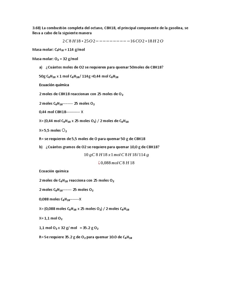 Combustión del octano: Reacciones y cálculos | PDF