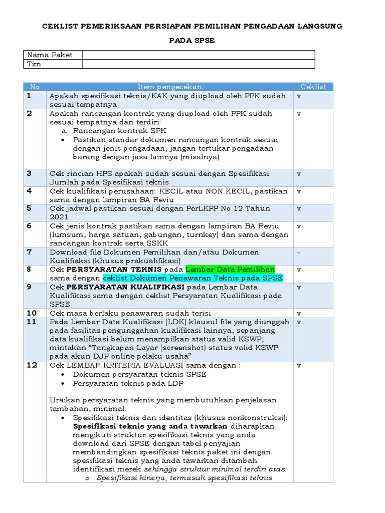 Form 4 Ceklist Pemeriksaan Persiapan Pemilihan Pada SPSE | PDF