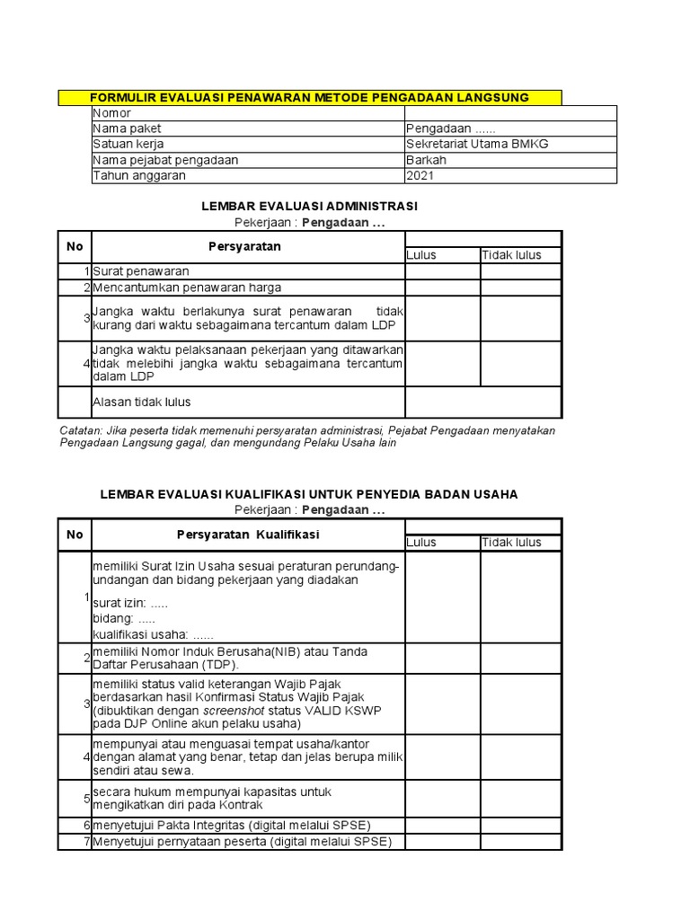 Form 29 Kertas kerja evaluasi penawaran pengadaan langsung JK ...