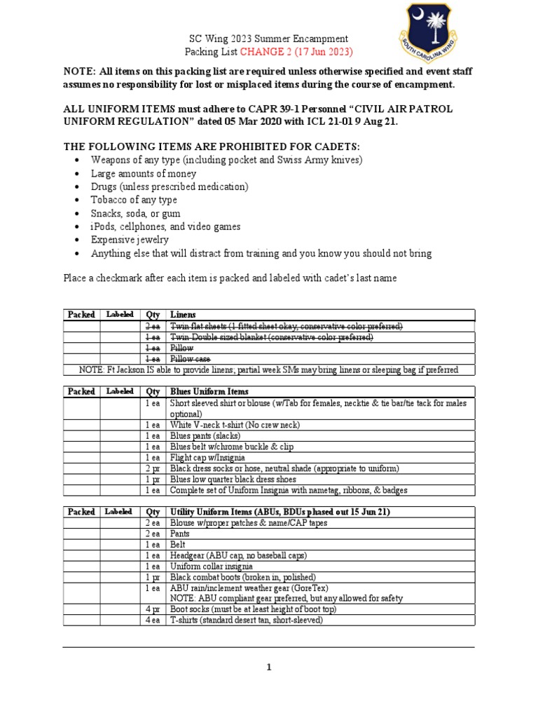 2023 CAP Summer Encampment Packing List | PDF | Softlines (Retail ...