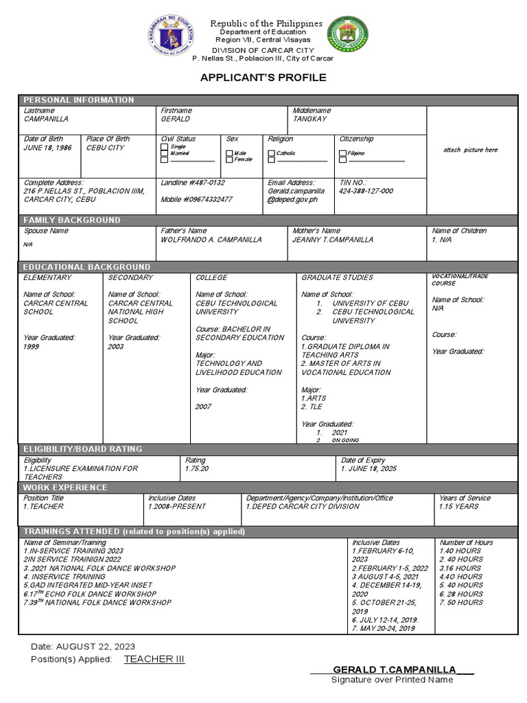 Applicants Form | PDF | Educational Stages