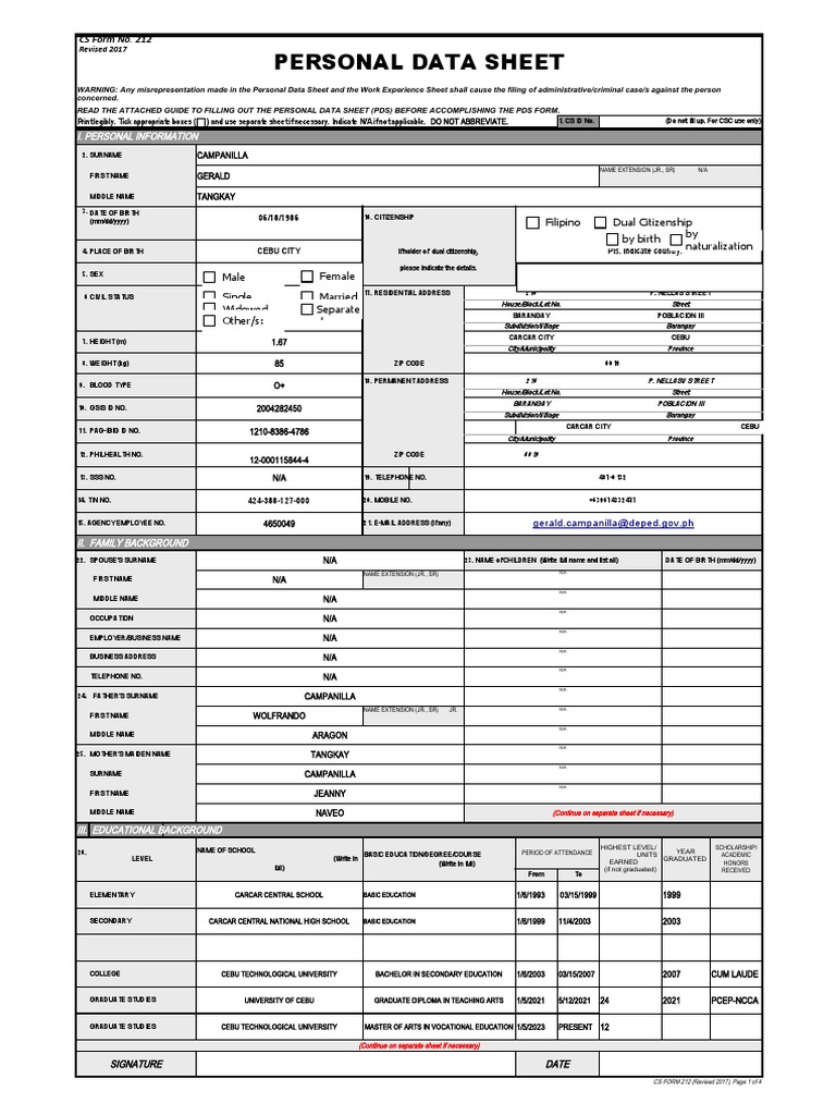 CS Form No. 212 Personal Data Sheet Revised | PDF | Passport | Crime ...