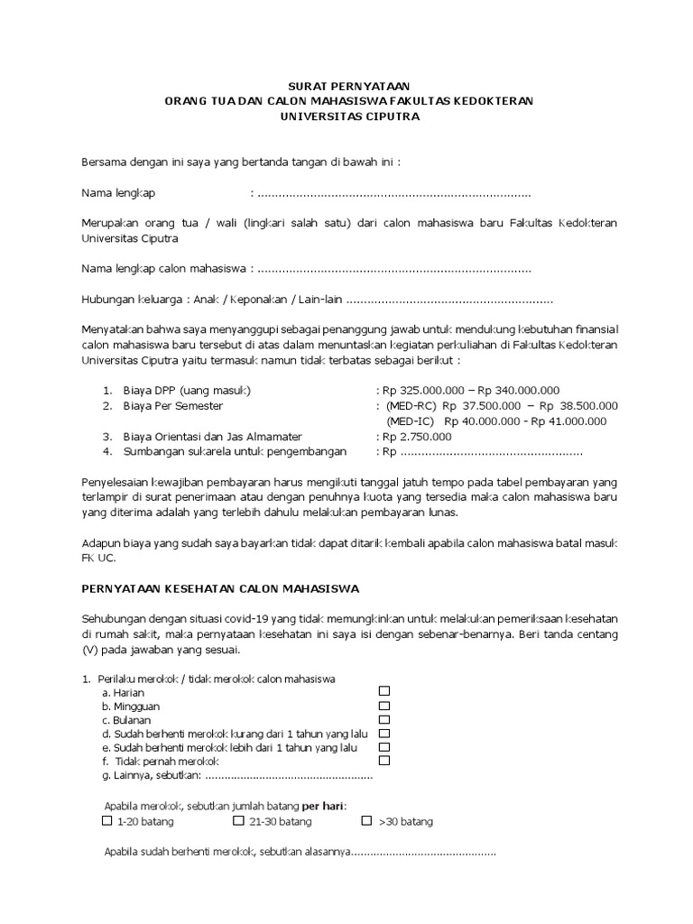SURAT PERNYATAAN ORANG TUA Dan CAMA FK 2023 | PDF | Gaya Hidup