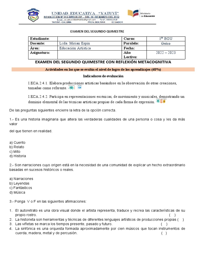 1ro BACH EXAMEN DEL SEGUNDO QUIMESTRE | PDF