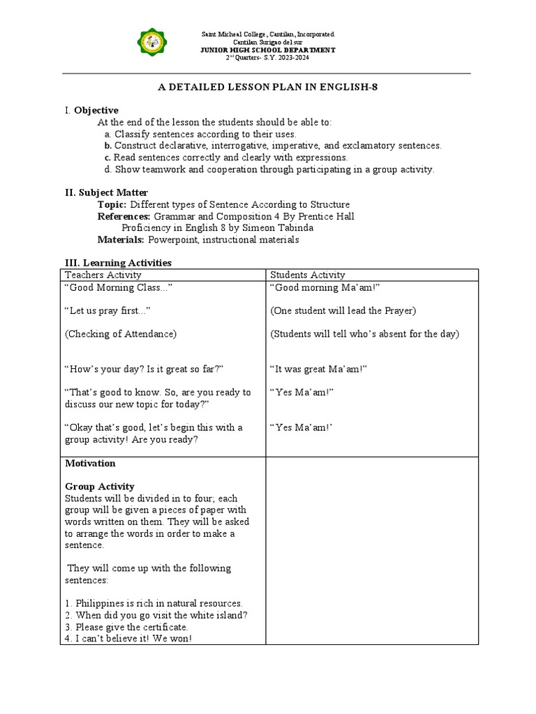 Lesson Plan (4m) 2 | PDF | Question | Sentence (Linguistics)