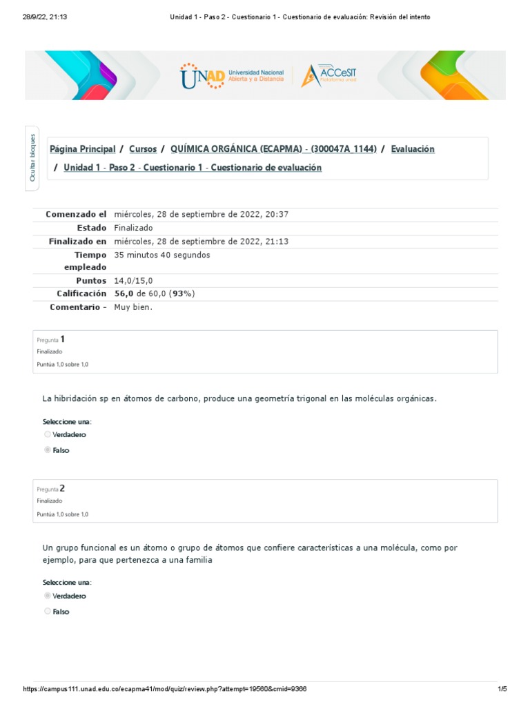 Unidad 1 - Paso 2 - Cuestionario 1 - Cuestionario de Evaluación ...