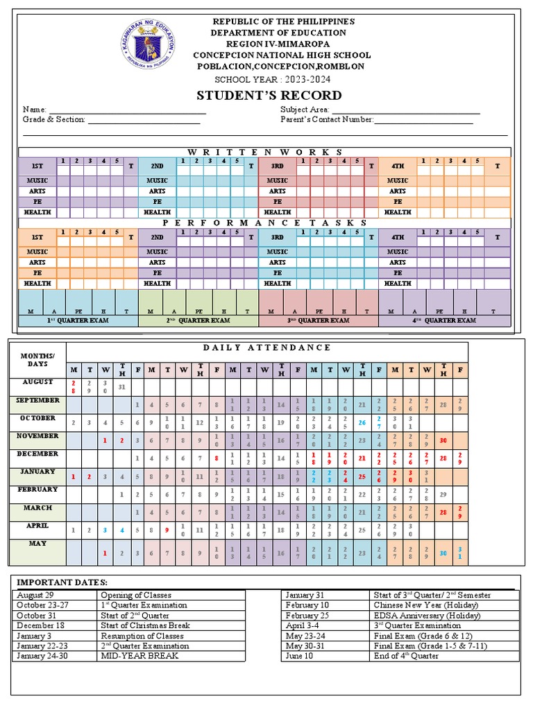 Student Record MAPEH 23 24 | PDF | Academic Term | Academia