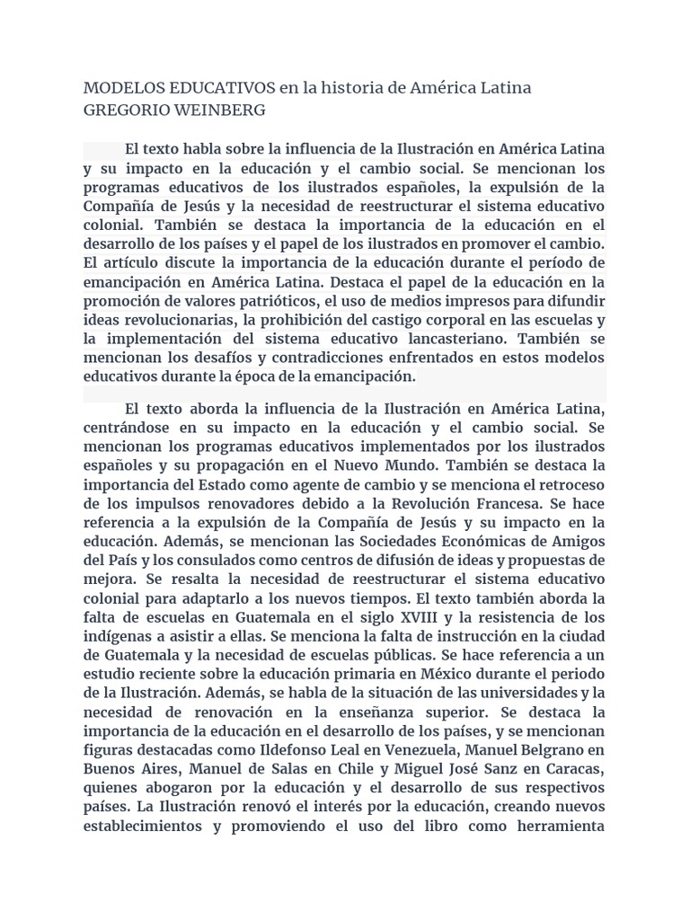 Resumen De: MODELOS EDUCATIVOS en La Historia de América Latina GREGORIO WEINBERG | PDF | Era de ...