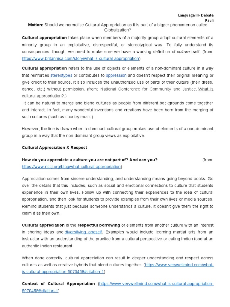 Language III - Debate Cultural Appropriation | PDF