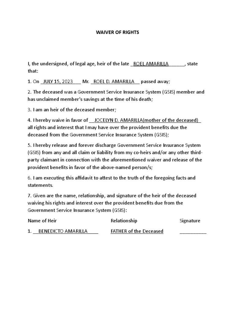 GSIS Waiver of Rights for Death Benefits | PDF | Law