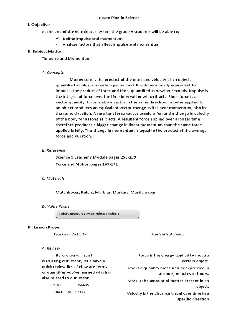 4As Lesson Plan: Impulse and Momentum | PDF | Force | Momentum